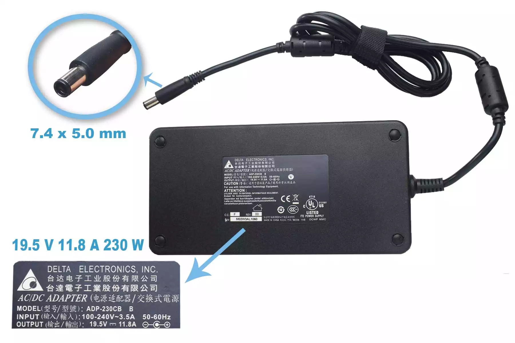 CARGADOR HP 19.5v/11.8a/230W/7.4x5.0mm PING AGUJA INSIDE *ORIGINAL ...